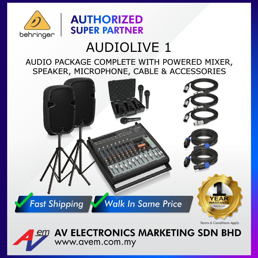 Behringer AUDIOLIVE 1 Audio System Package c/w Powered Mixer, 10 ...