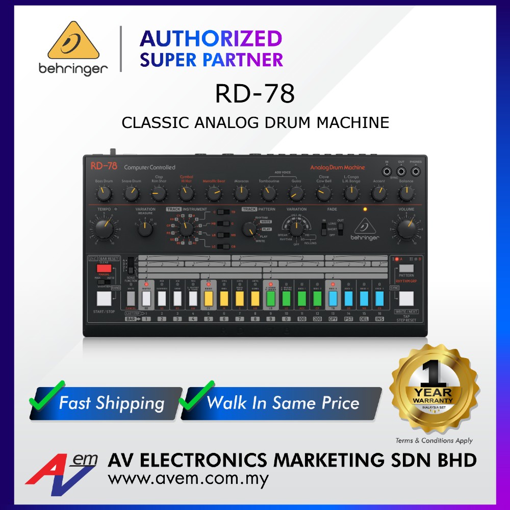Behringer RD-78 Classic Analog Drum Machine with 15 Drum Sounds, 34 ...