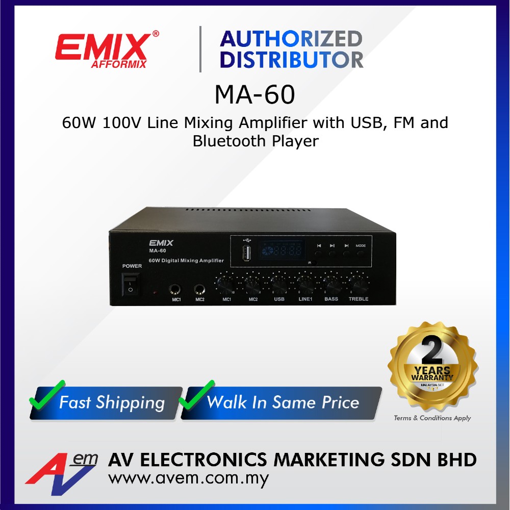 Emix Afformix MA-60 60W 100V Line Mixing Amplifier with USB, FM and ...