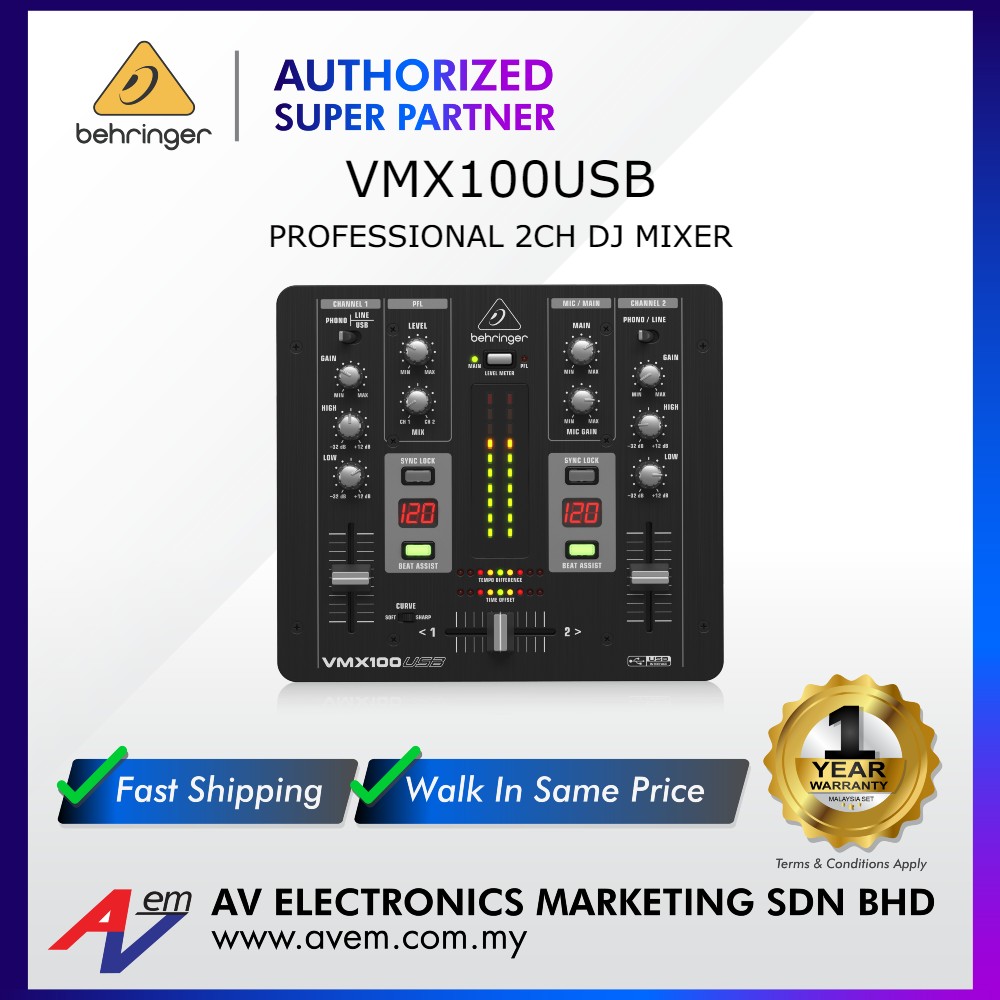 BEHRINGER VMX100USB Professional 2-Channel DJ Mixer with USB/Audio ...