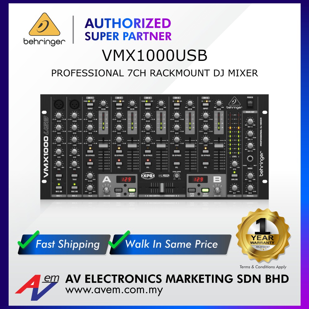 BEHRINGER VMX1000USB Professional 7-Channel Rack-Mount DJ Mixer with ...