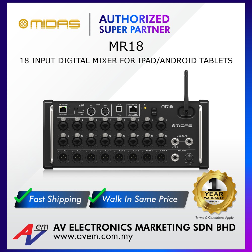 MIDAS MR18 18-Input Digital Mixer for iPad/Android Tablets with 16 ...